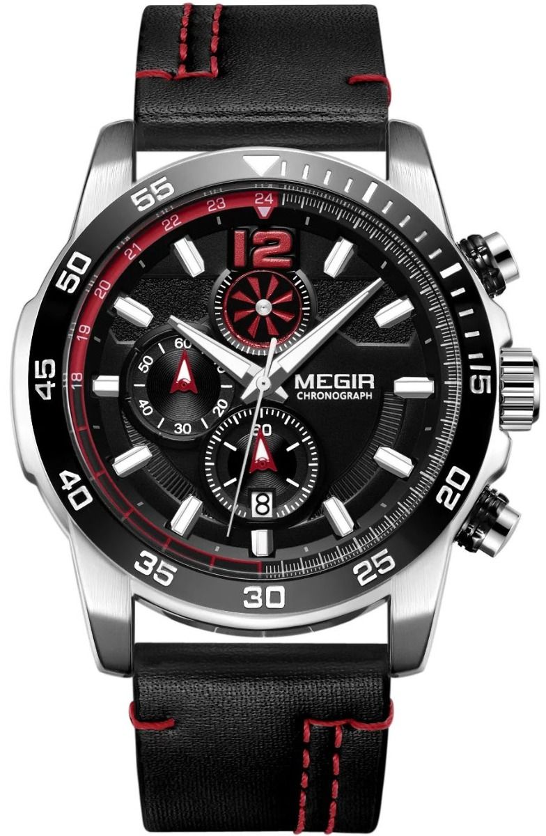 Megir Chronograph Black Red 2131 - Röd svart läder herrklocka